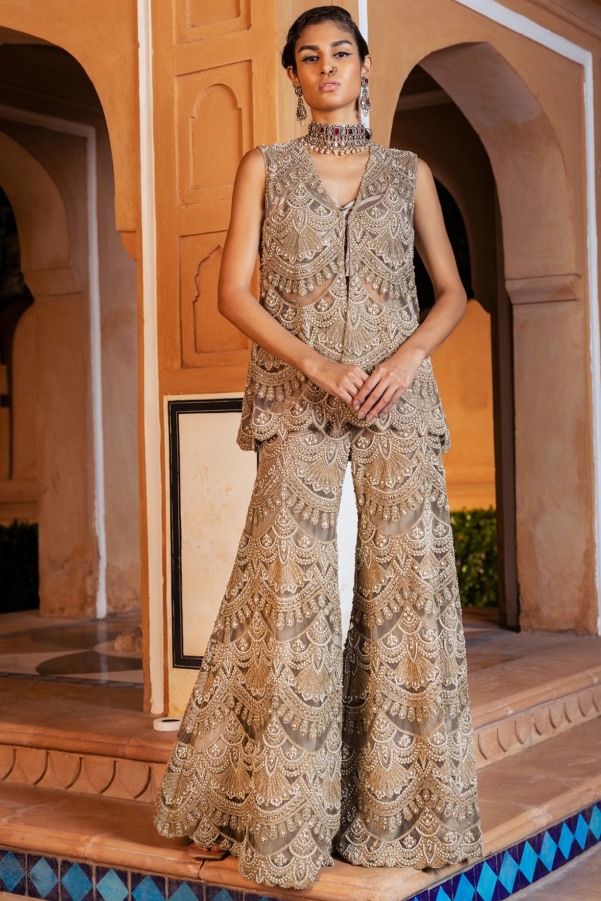 Golden Georgette Embellished Gharara Set by Ridhima Bhasin at Pernia's ...