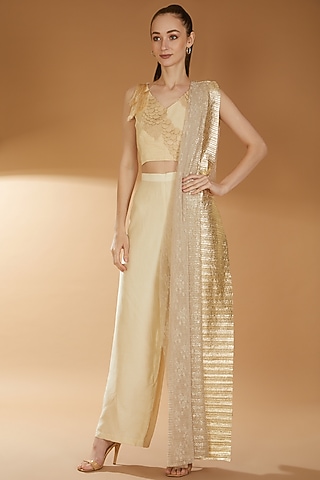 Ivory Bamberg Silk & Lace Pant Draped Saree Set by RICHA KHEMKA at ...