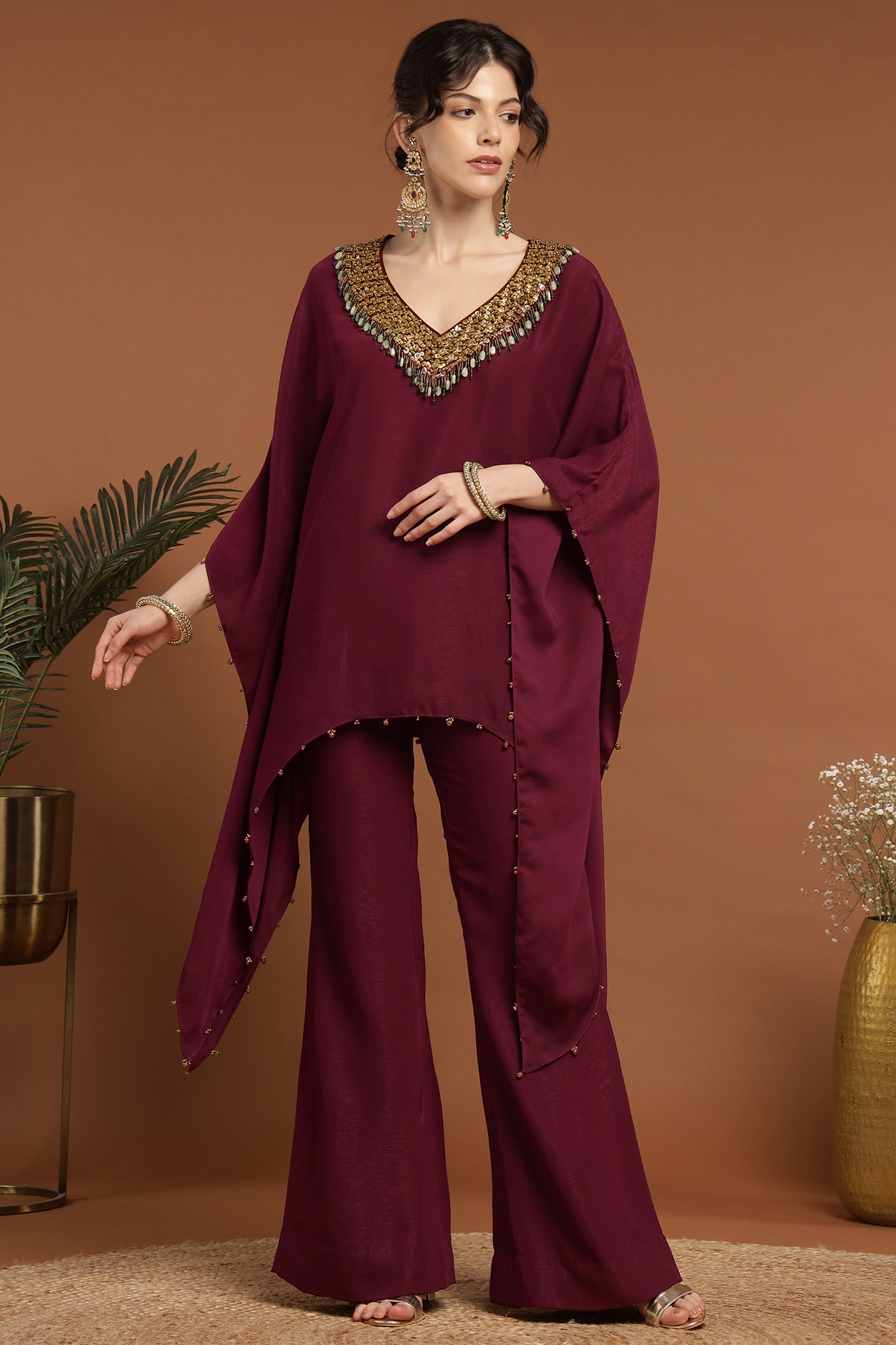 Wine Lurex Crepe Hand & Machine Embroidered Kaftan Set by Rirasa at ...