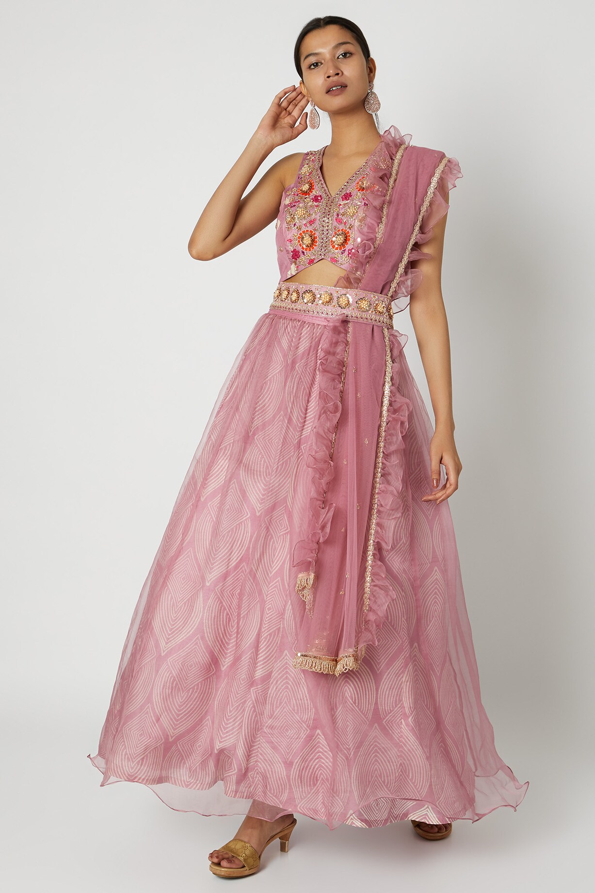 Pink Embroidered & Printed Lehenga Set by Riraan By Rikita & Ratna at ...