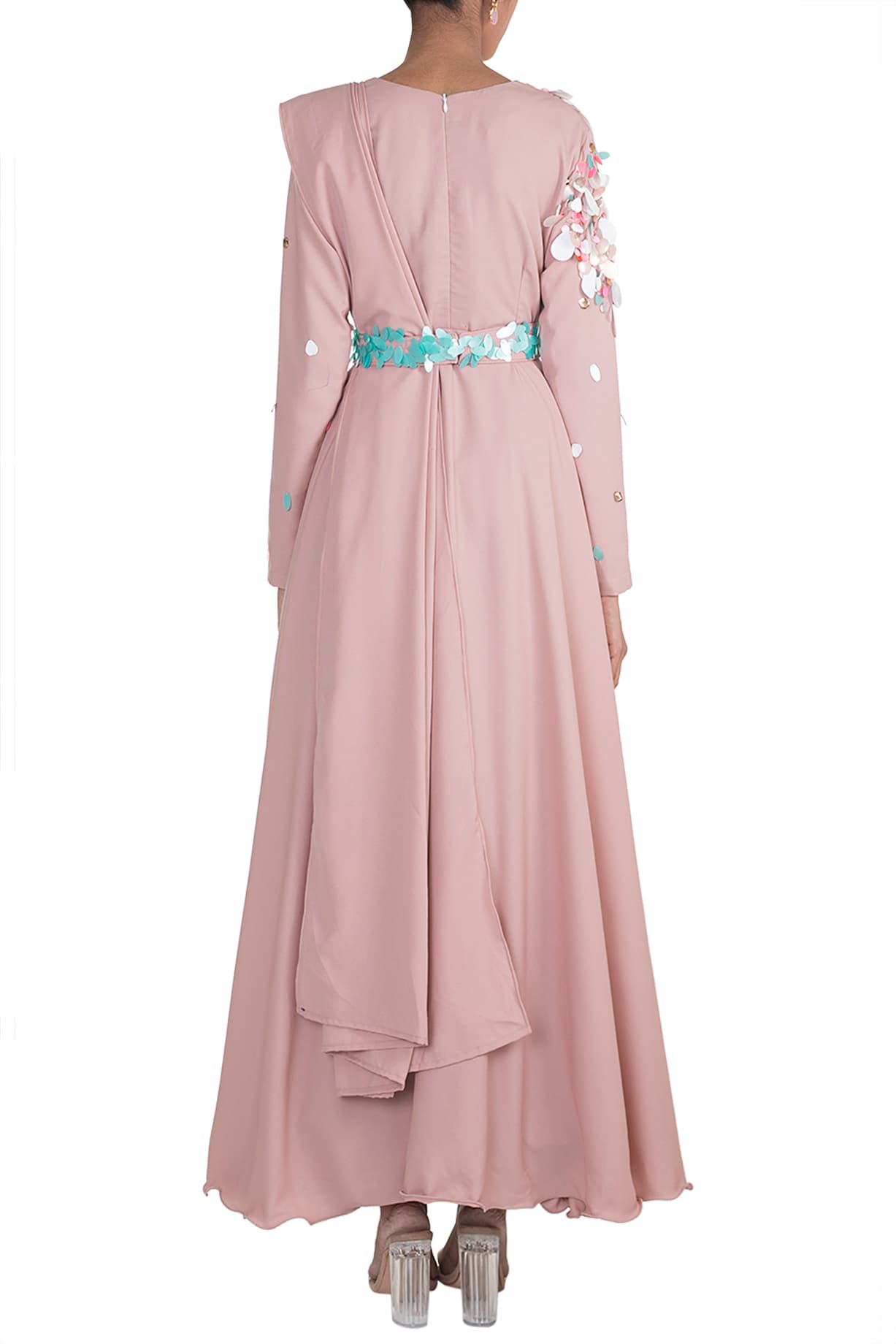 Blush Pink Embroidered Maxi Dress With Attached Palla by Rishi ...