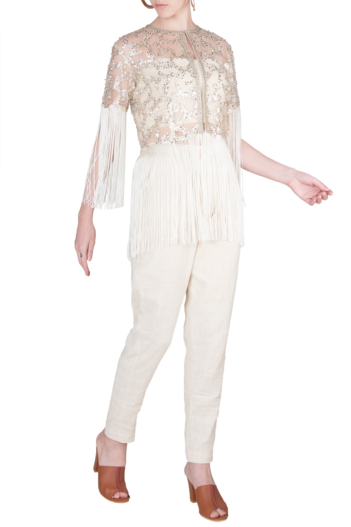 Ivory Embroidered Short Jacket With Bustier & Pants Design by A-Sha By ...