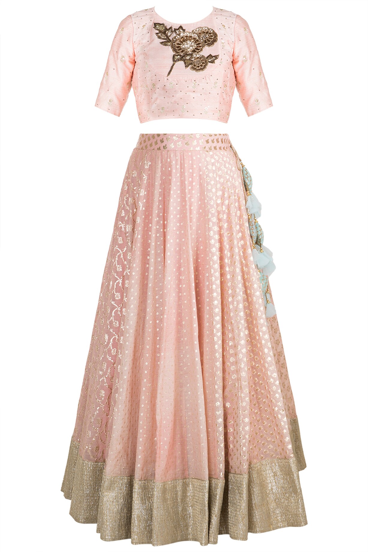 Peach & Ocean Blue Panelled Lehenga Set by Rishi & Vibhuti at Pernia's Pop Up Shop 2025