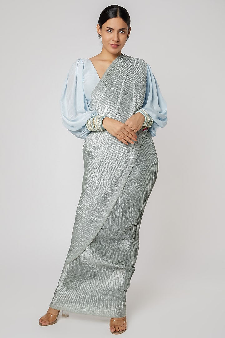 Ice Blue Pleated Saree Set Design by Rishi & Vibhuti at Pernia's Pop Up ...
