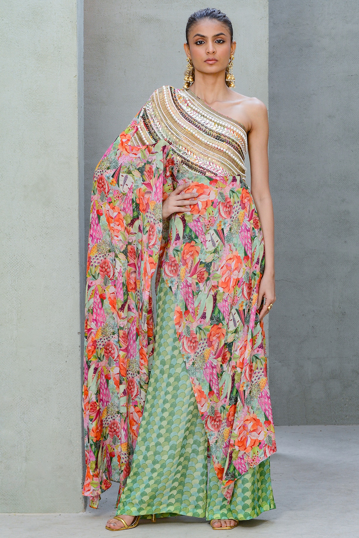 Multi-Colored Crepe Printed Draped Cape Set by Rishi & Vibhuti at ...