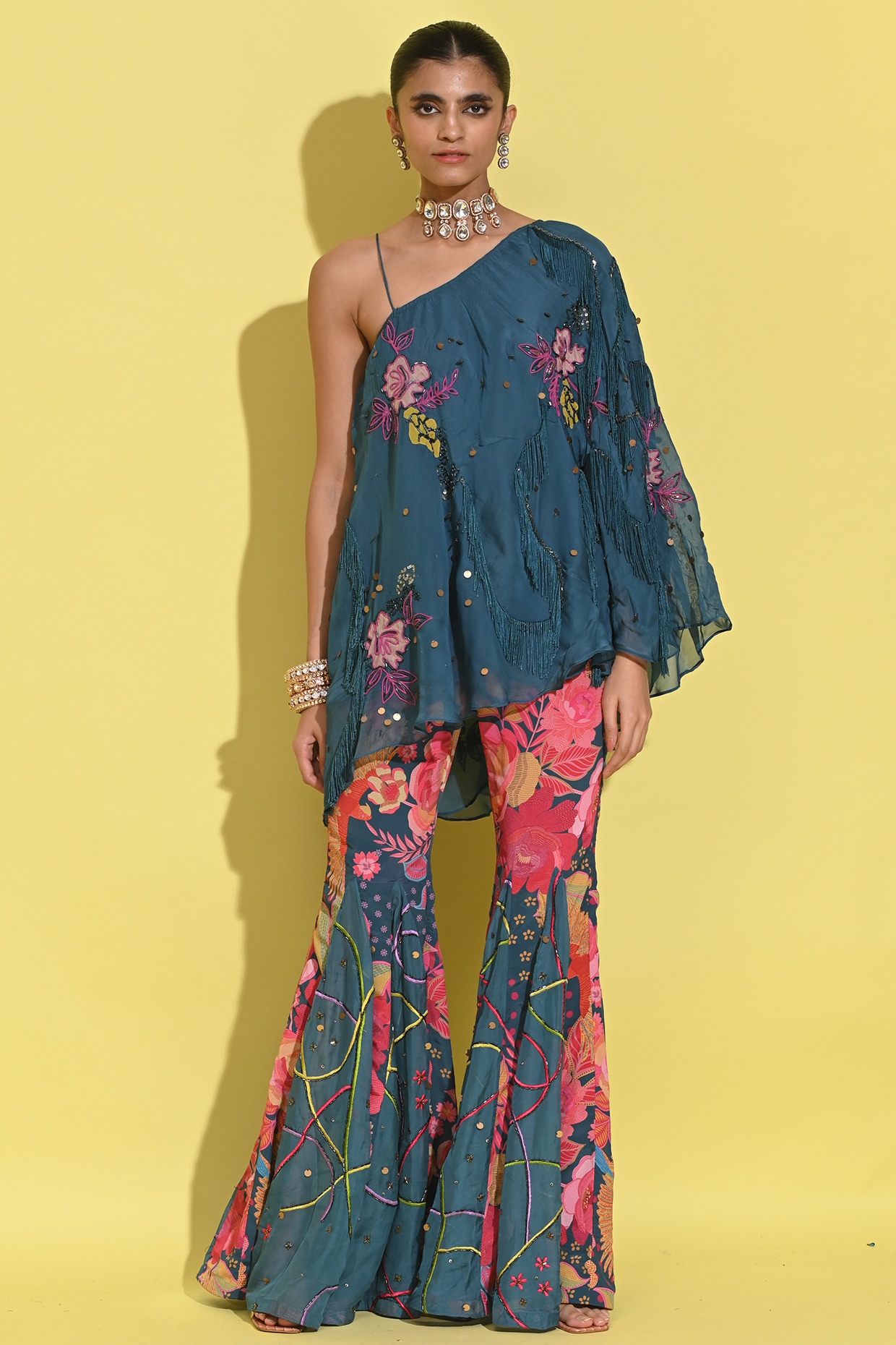 Cyan Blue Crepe & Organza Cape Set by Rishi & Vibhuti at Pernia's Pop ...