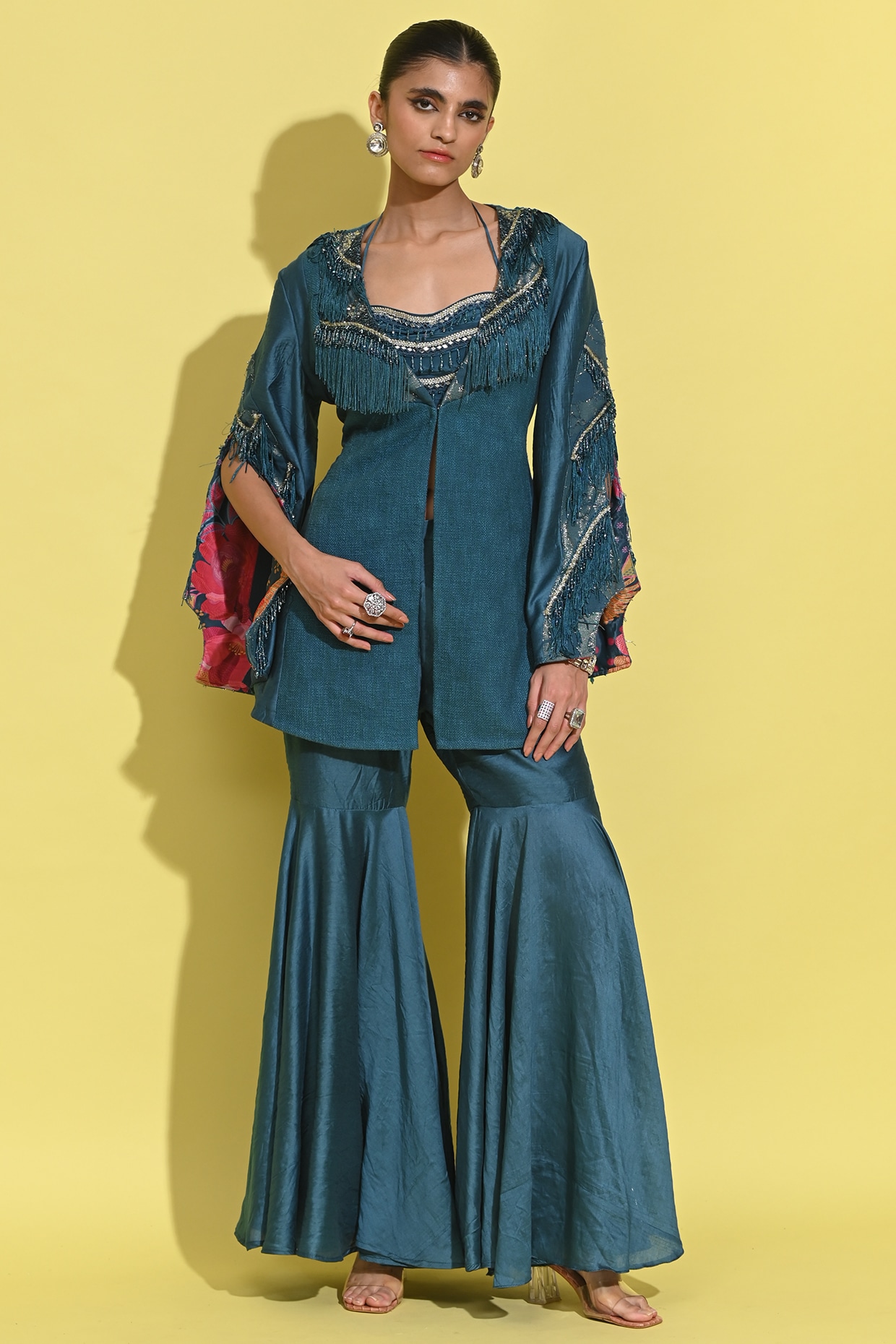 Cyan Blue Crepe & Linen Jute Jacket Set by Rishi & Vibhuti at Pernia's ...