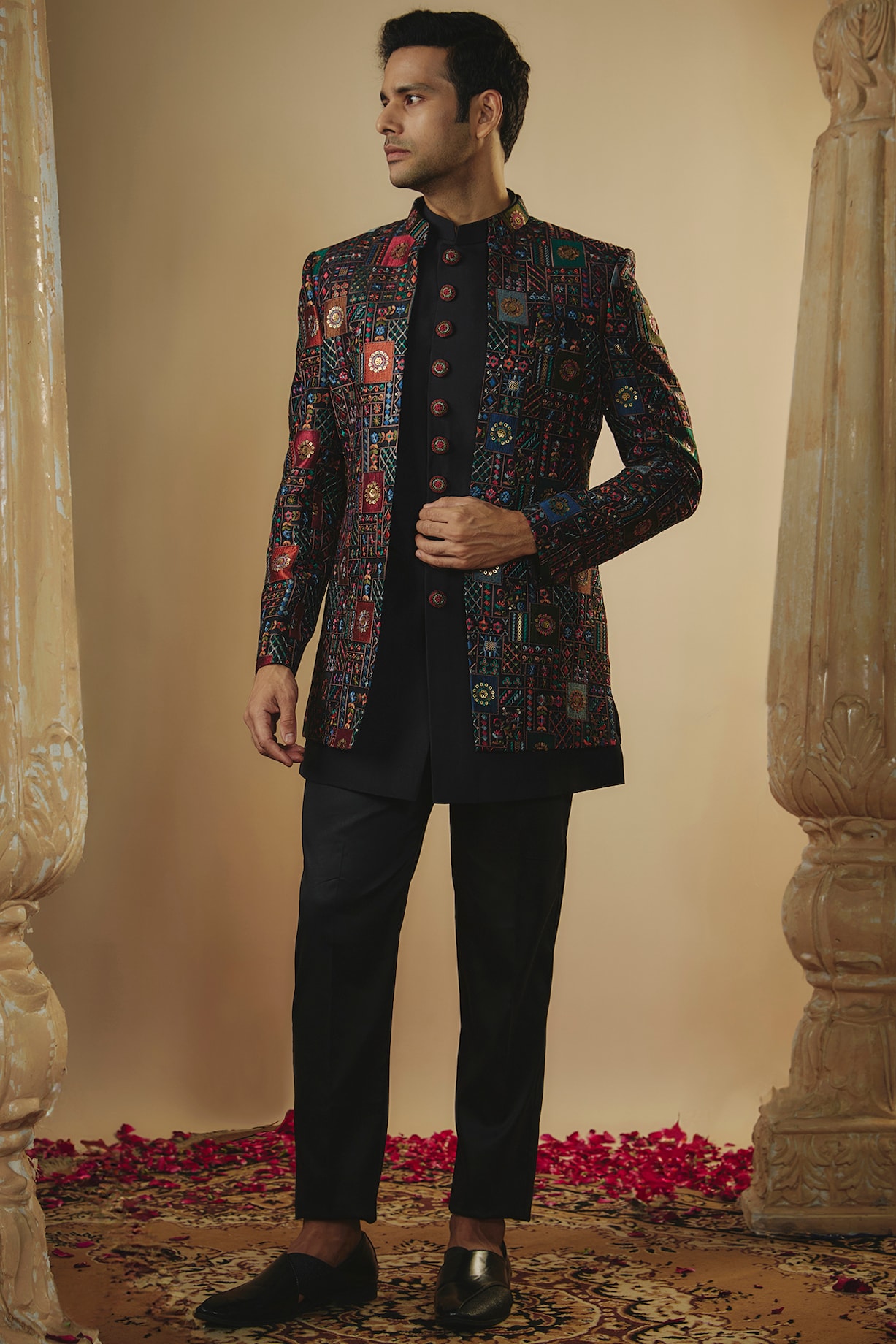 Sable Black Imported Fabric Resham Embroidered Open Jodhpuri Set by ...