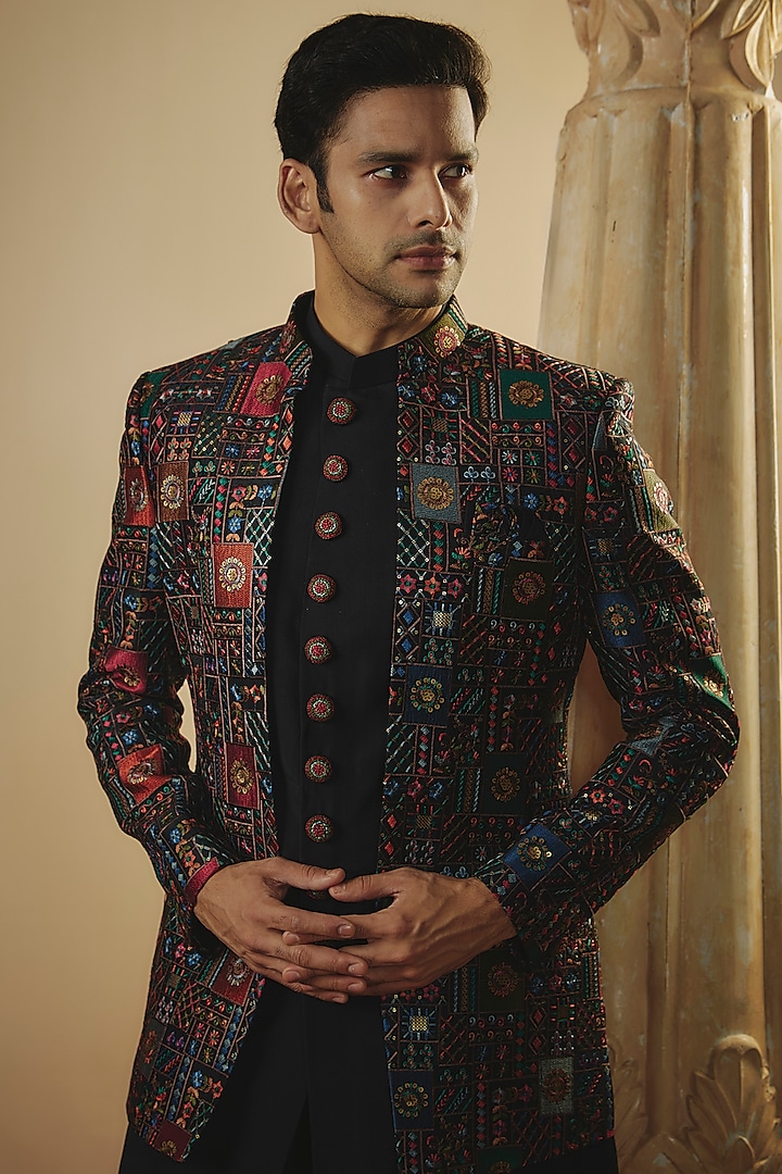 Sable Black Imported Fabric Resham Embroidered Open Jodhpuri Set by ...