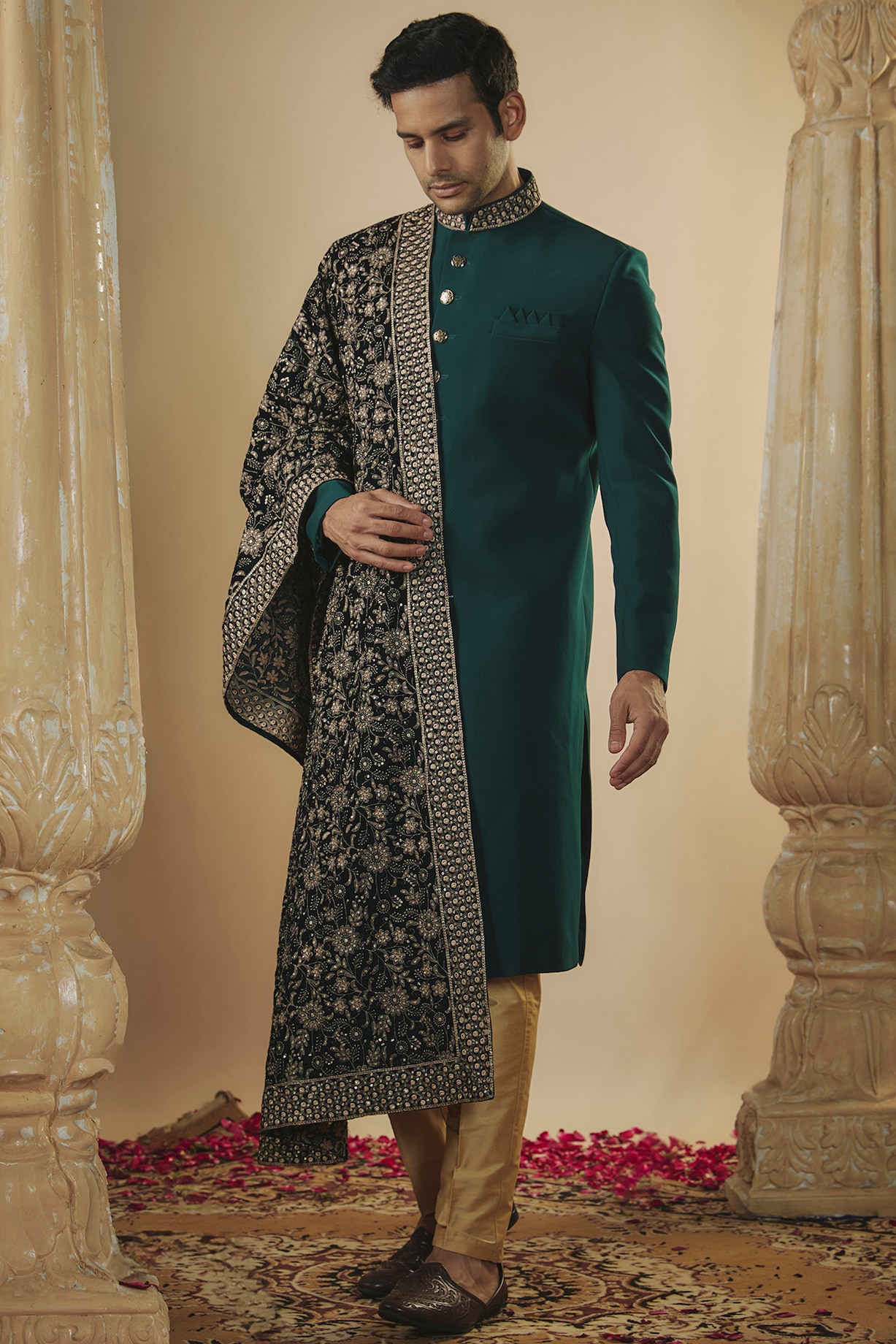 Cadmium Green Imported Japanese Fabric Resham Work Nawabi Wedding Sherwani Set by RIYAASAT at ...