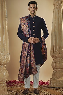 Navy Blue Imported Japanese Fabric Nawabi Sherwani Set Design by ...