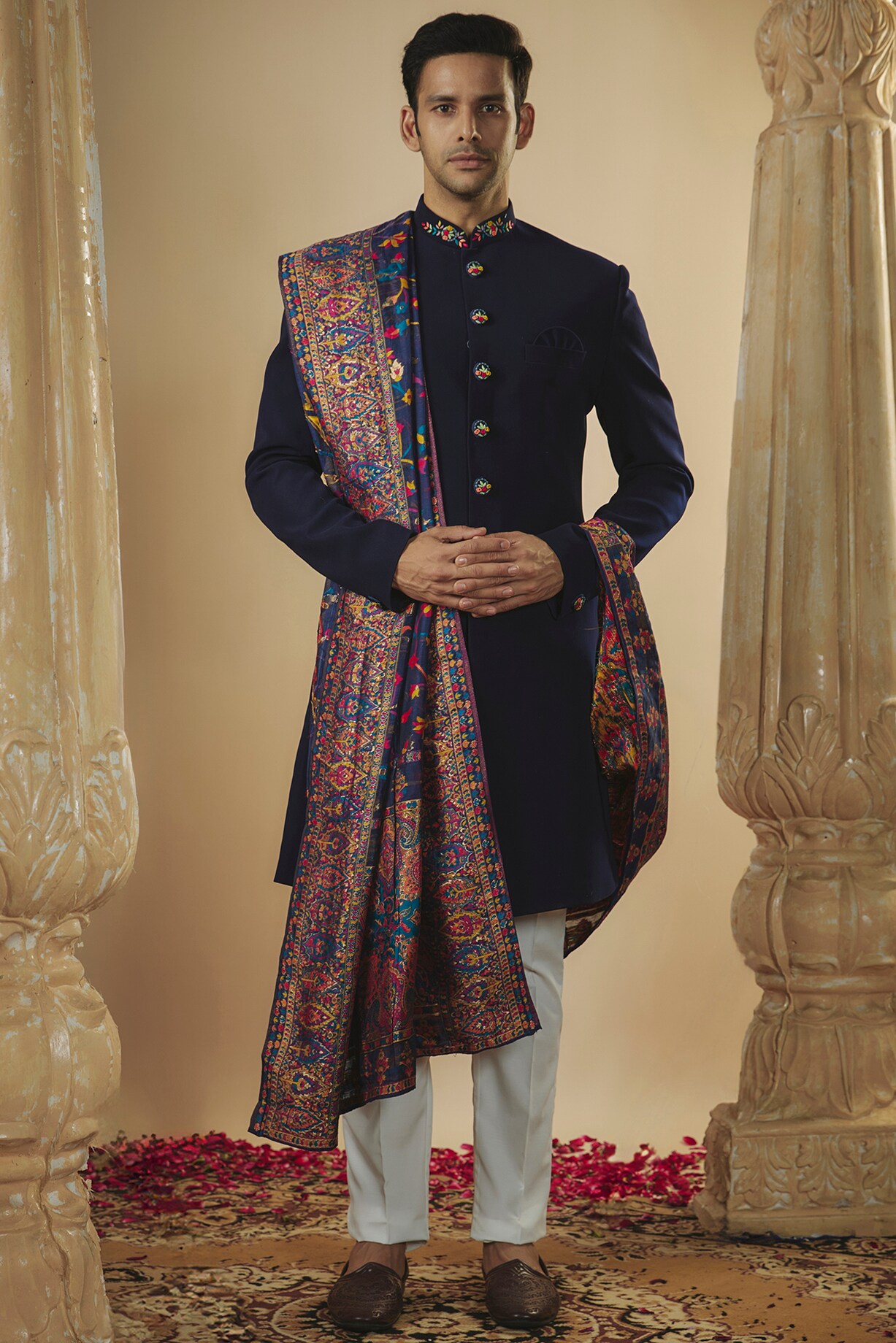 Navy Blue Imported Japanese Fabric Nawabi Wedding Sherwani Set by ...