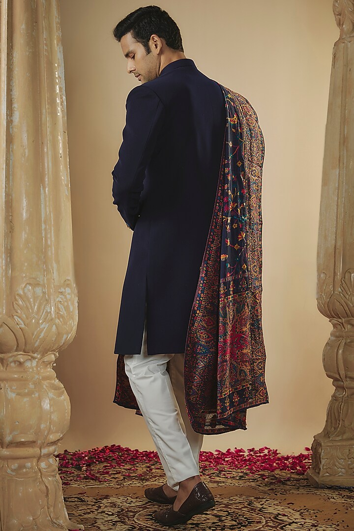 Navy Blue Imported Japanese Fabric Nawabi Wedding Sherwani Set by ...