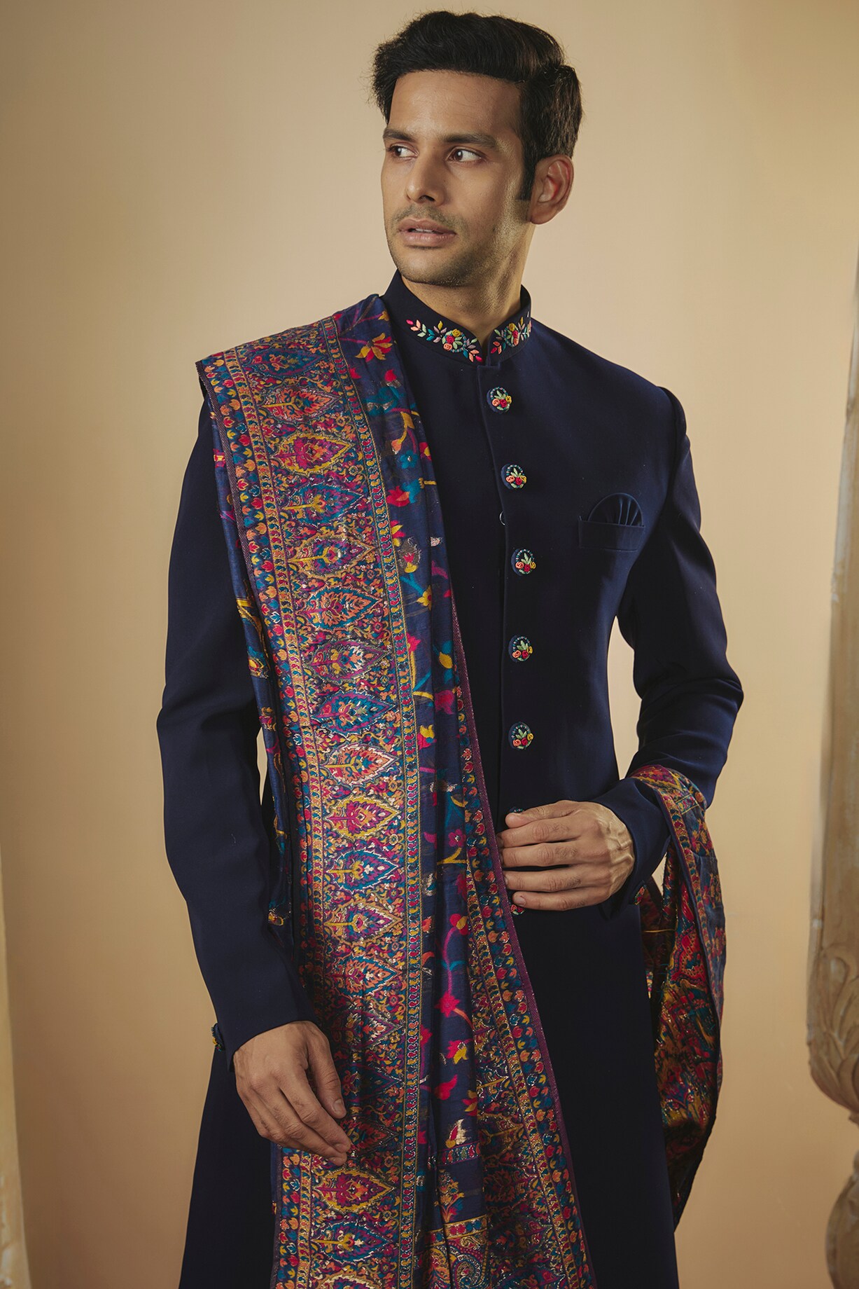 Navy Blue Imported Japanese Fabric Nawabi Wedding Sherwani Set by ...
