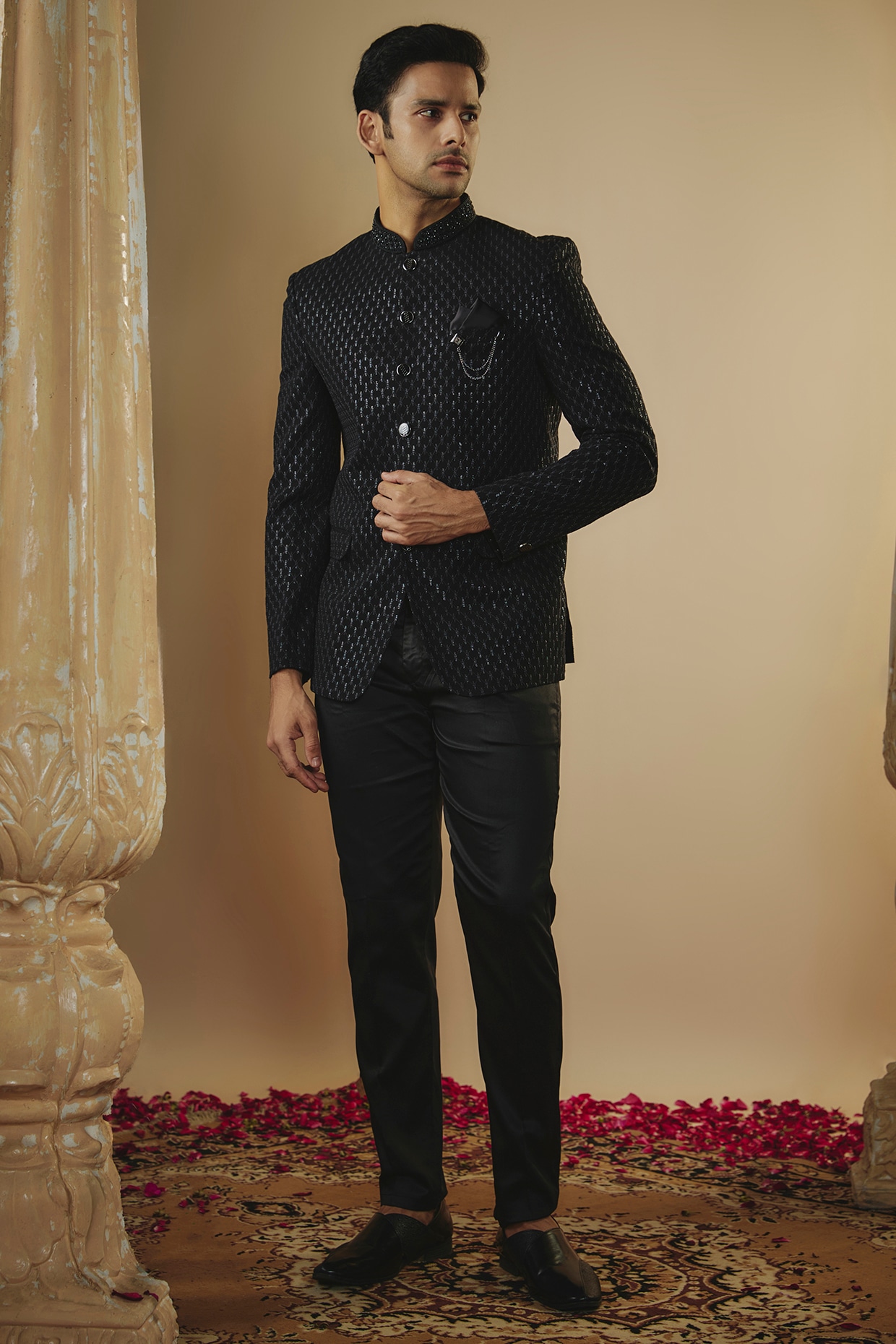 Ink Black Japanese Fabric Sequins Work Jodhpuri Set by RIYAASAT at ...