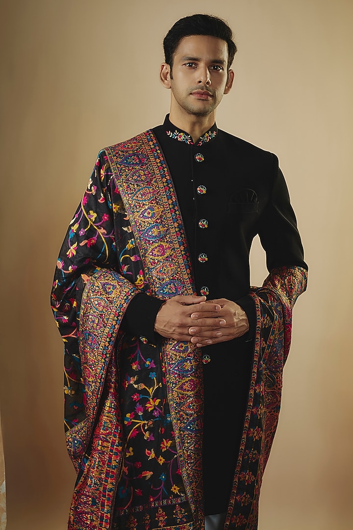 Black Imported Japanese Fabric Nawabi Wedding Sherwani Set by RIYAASAT ...