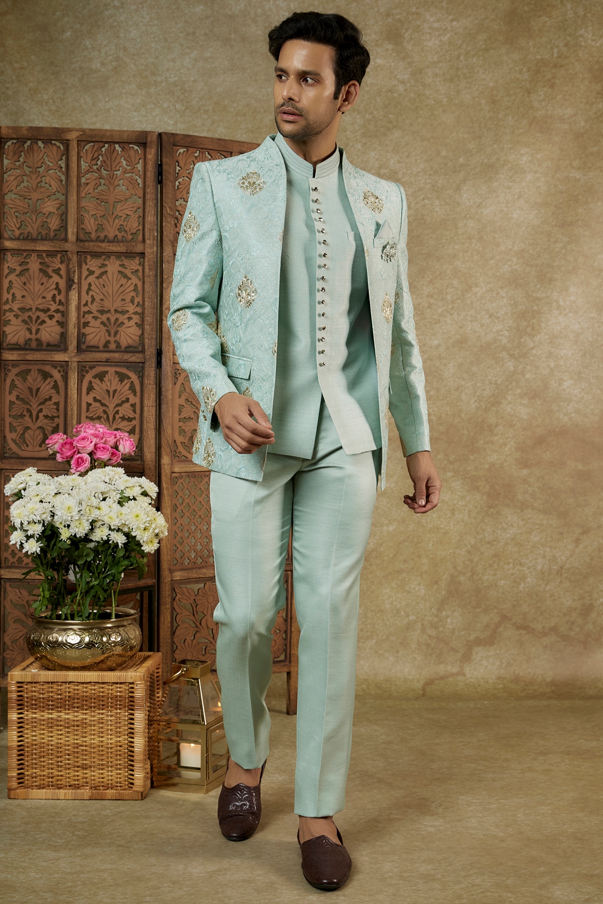 Pistachio Green Jacquard Open Jodhpuri Set by RIYAASAT at Pernia's Pop ...