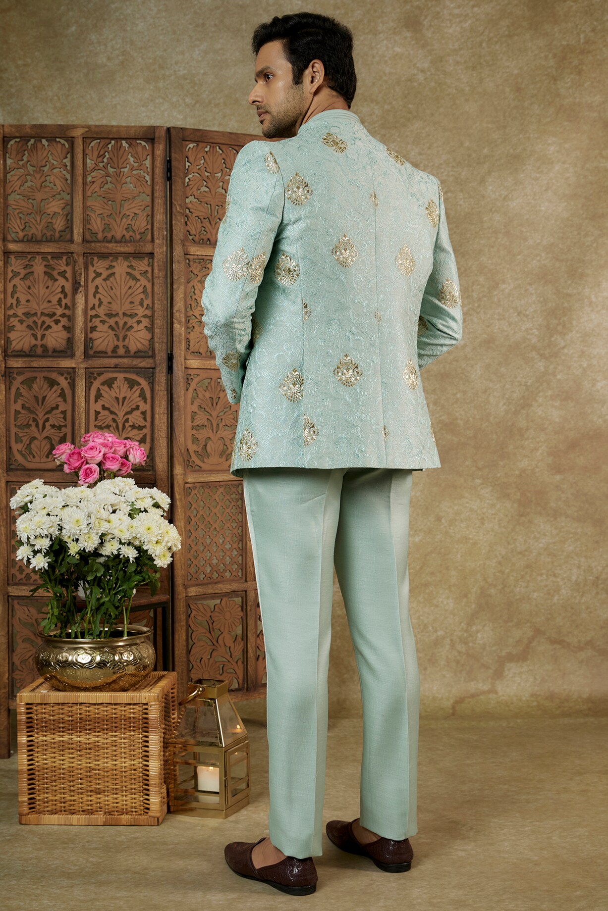 Pistachio Green Jacquard Open Jodhpuri Set by RIYAASAT at Pernia's Pop ...