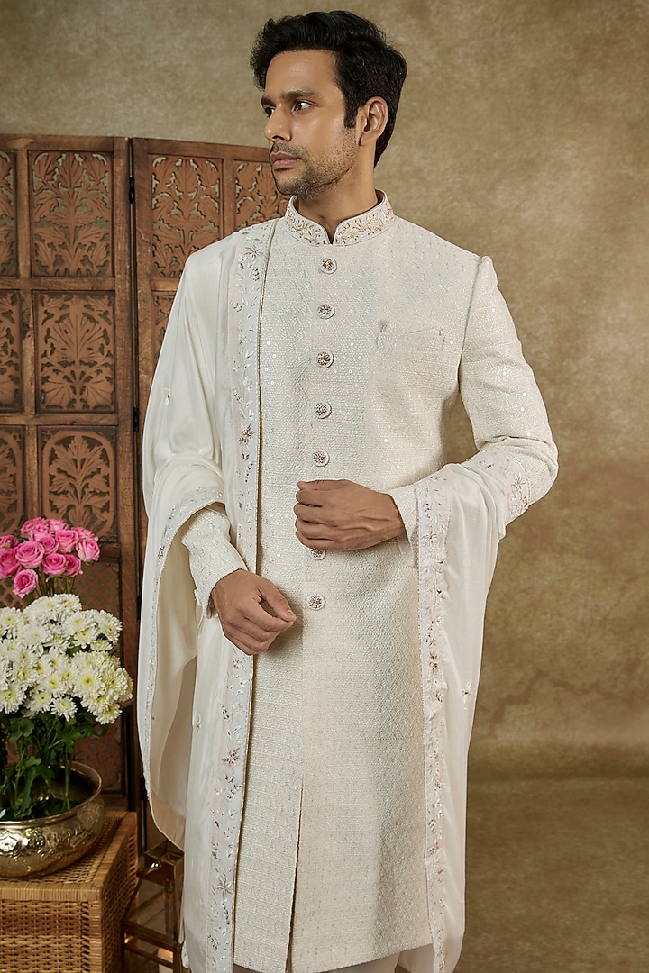 Cream White Lucknowi Velvet Sequins Work Sherwani Set Design by ...