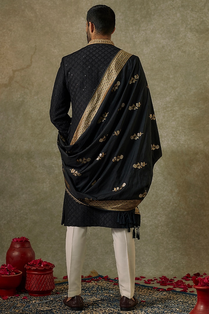 Black Lucknowi Handwork Nawabi Wedding Sherwani Set by RIYAASAT at ...