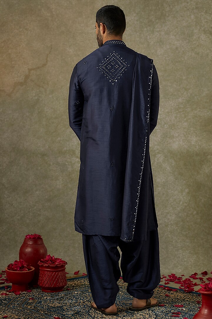 Midnight Blue Art Silk Mirror Work Kurta Set by RIYAASAT at Pernia's ...