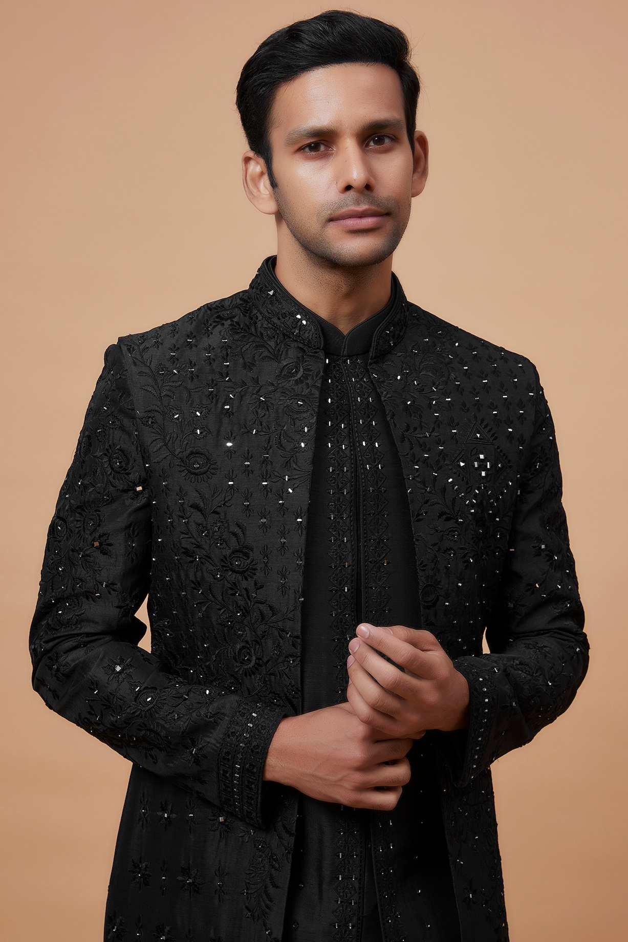 Black Silk Embroidered Indowestern Set by RIYAASAT at Pernia's Pop Up Shop 2025