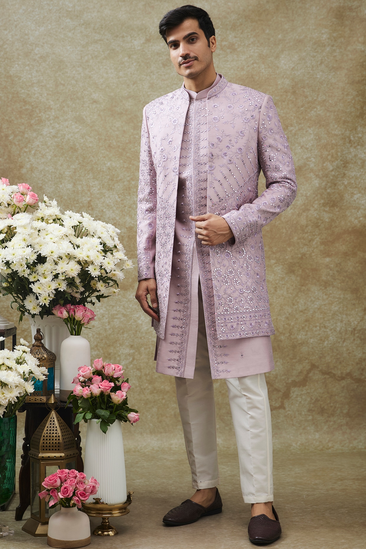 Orchid Purple Splendid Silk Mirror Work Indowestern Set by RIYAASAT at ...