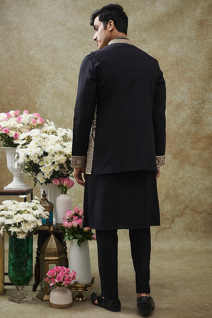 Jet Black Splendid Silk Resham Work Indowestern Set by RIYAASAT at ...