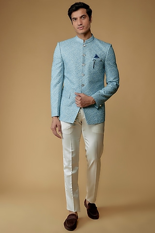 Eccentric Blue Silk Printed Jodhpuri Bandgala Set by RIYAASAT at Pernia ...
