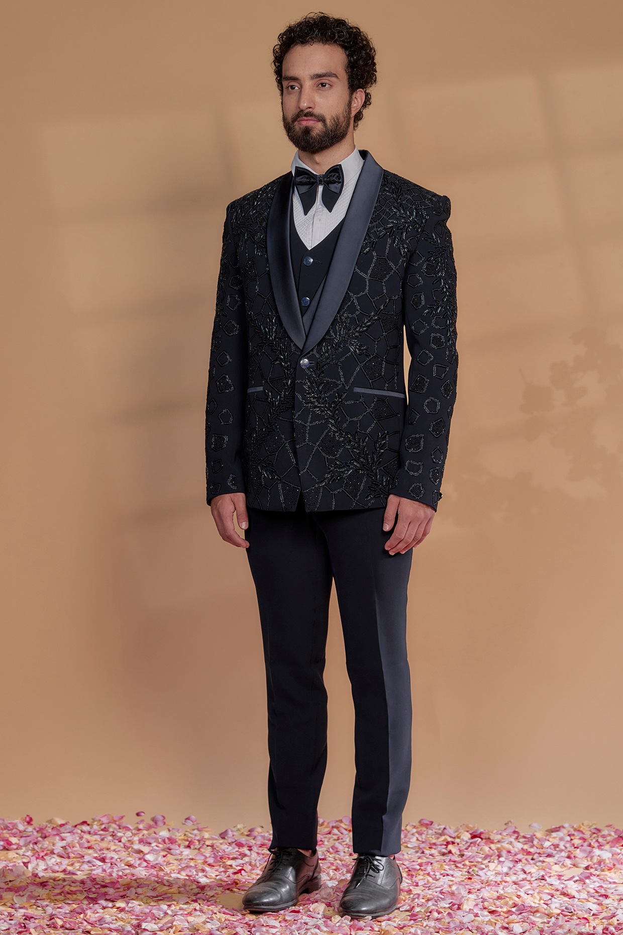 Midnight Blue Suiting Fabric Cutdana Embroidered Tuxedo Set by RIYAASAT ...