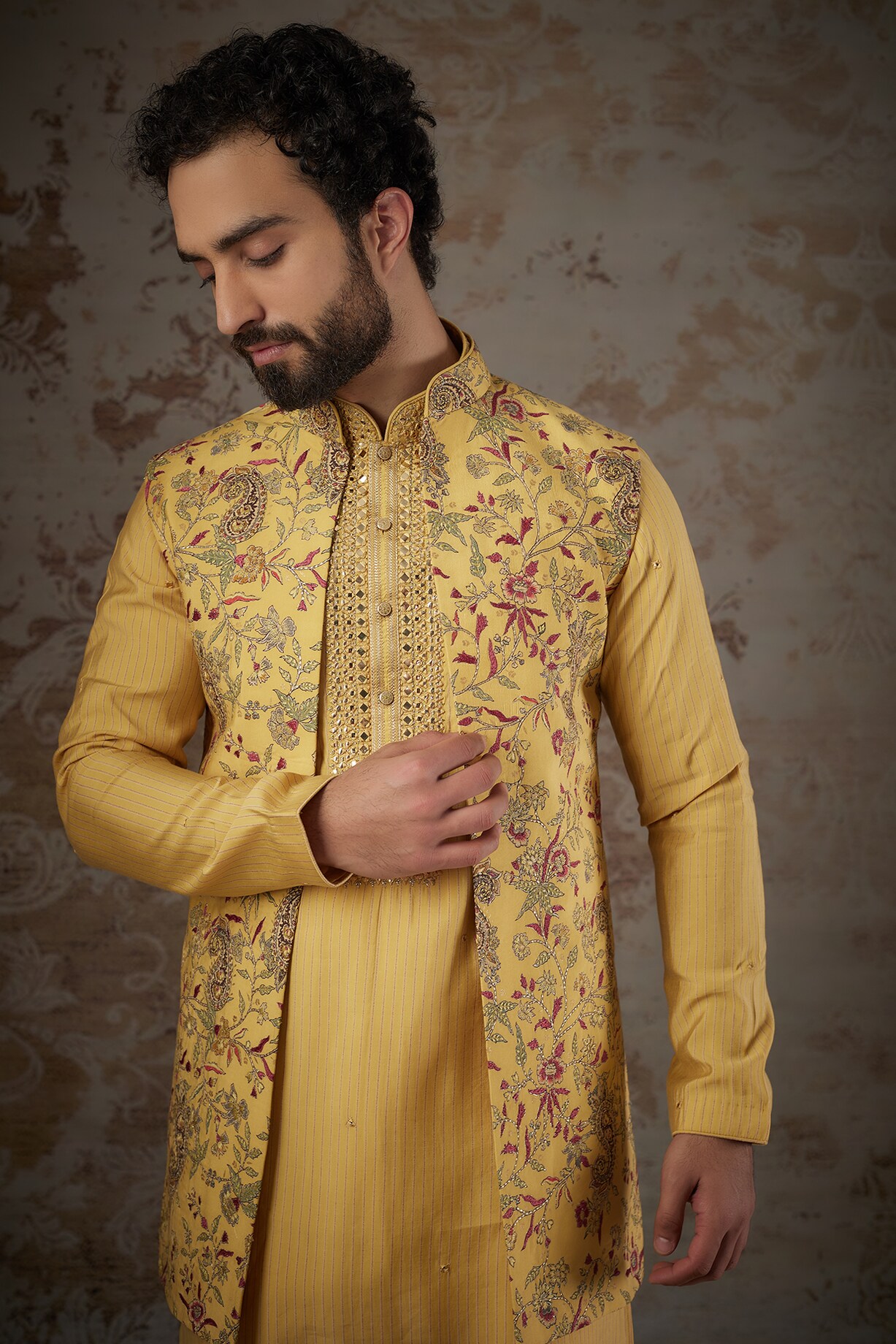 Daffodil Yellow Silk Embroidered Open Jodhpuri Set by RIYAASAT at ...