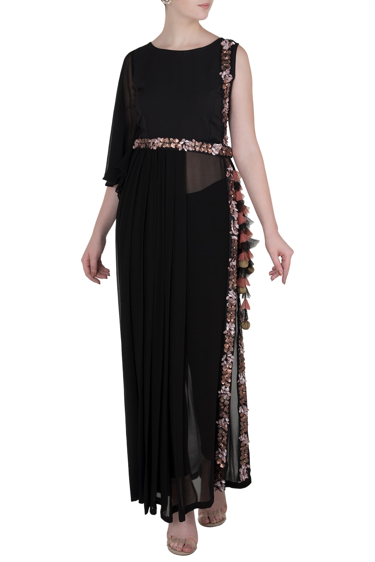 Black one side long dress available only at Pernia's Pop Up Shop. 2025