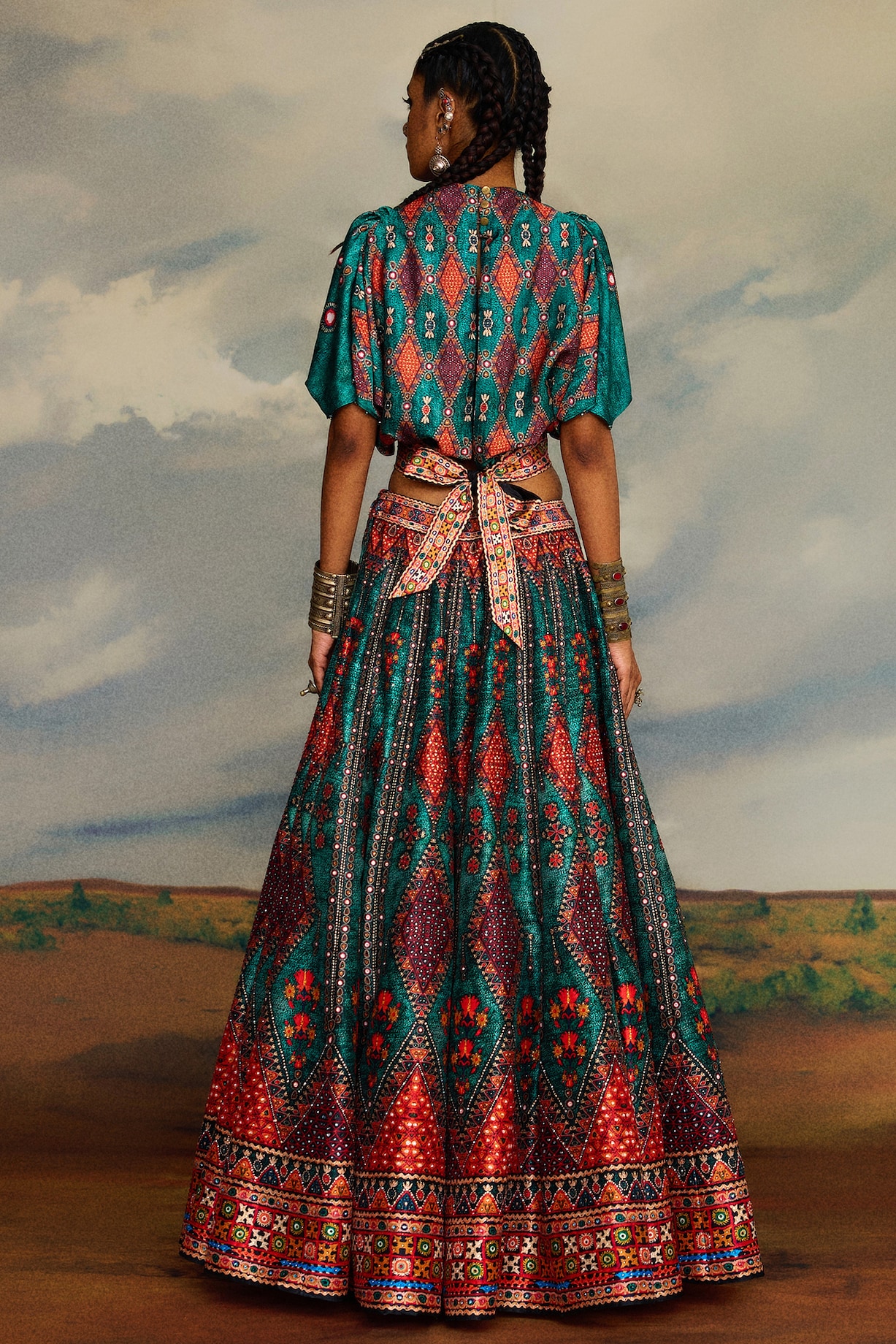 Teal Modal Satin & Silk Dupion Printed Skirt Set by Rajdeep Ranawat at Pernia's Pop Up Shop 2025