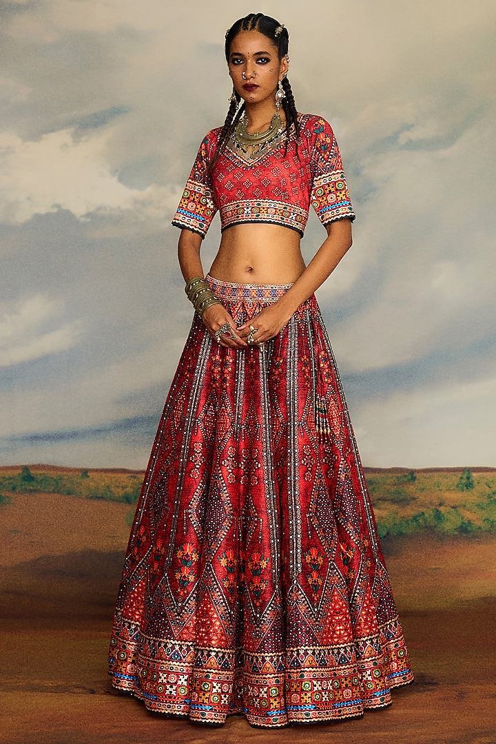 Red Silk Velvet Printed Skirt Set Design by Rajdeep Ranawat at Pernia's ...