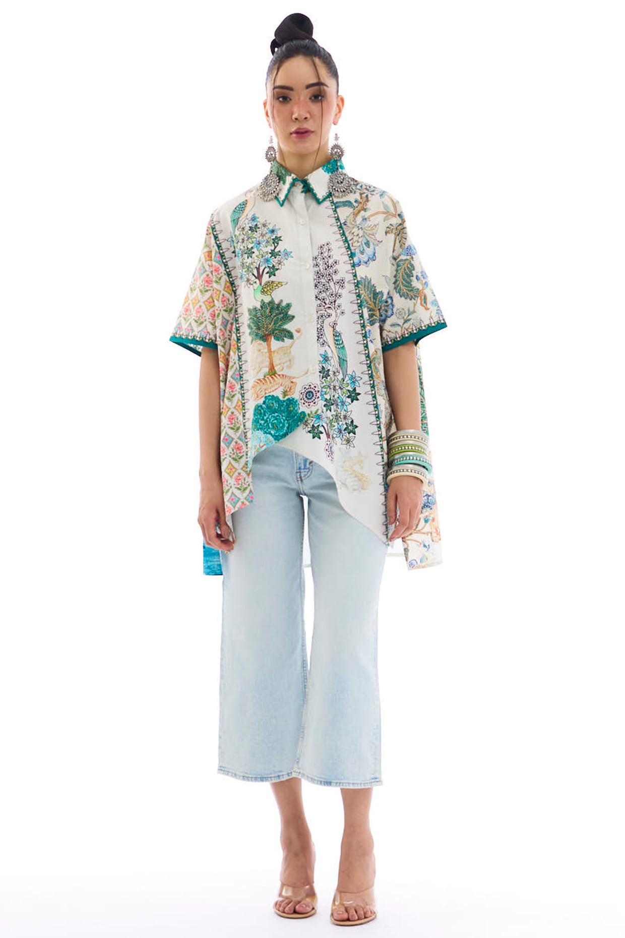 Ivory & Ocean Blue Cotton Poplin Printed Asymmetric Shirt by Rajdeep ...
