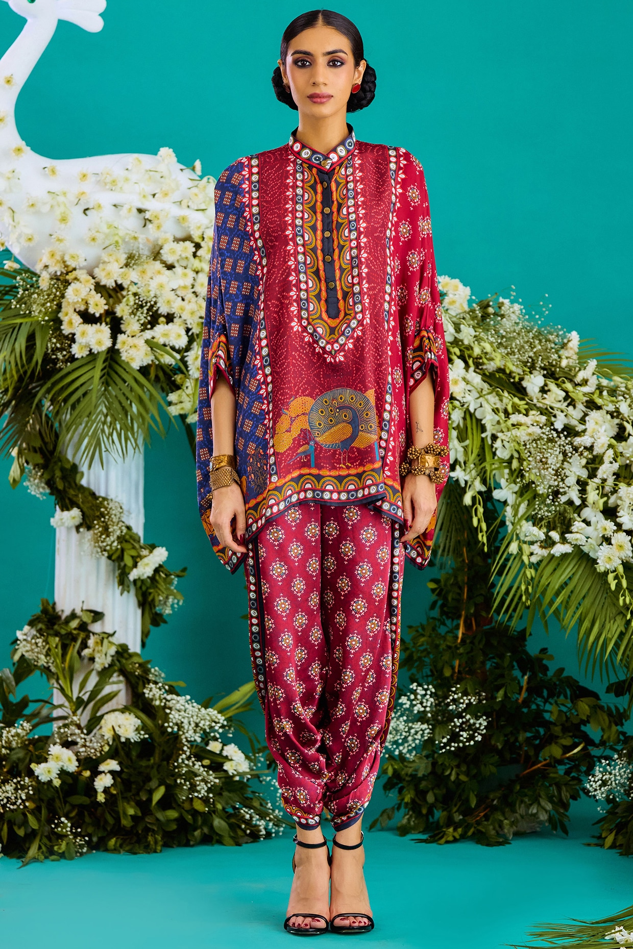 Navy & Maroon Modal Satin Printed Dhoti Pants by Rajdeep Ranawat at ...