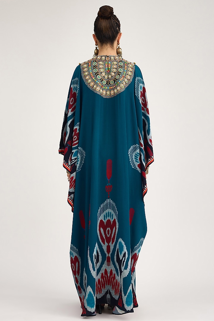 Turquoise Bemberg Crepe Embroidered Boxy Kaftan by Rajdeep Ranawat at ...