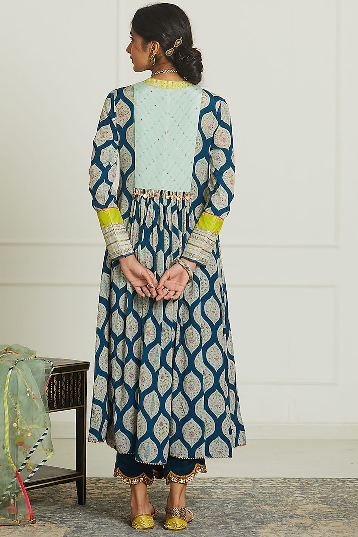 Teal Blue & Powder Blue Crepe Printed & Hand Embroidered Kurta Set by Raji ramniq at Pernia's ...