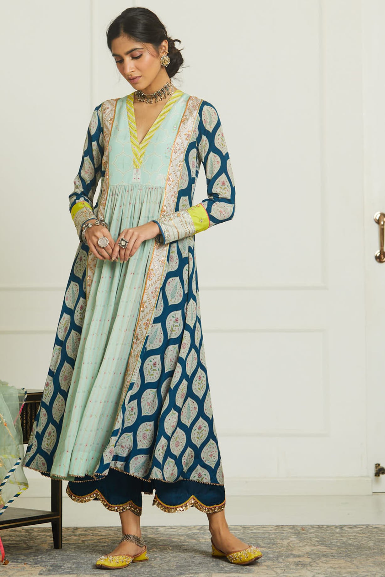 Teal Blue & Powder Blue Crepe Printed & Hand Embroidered Kurta Set by Raji ramniq at Pernia's ...
