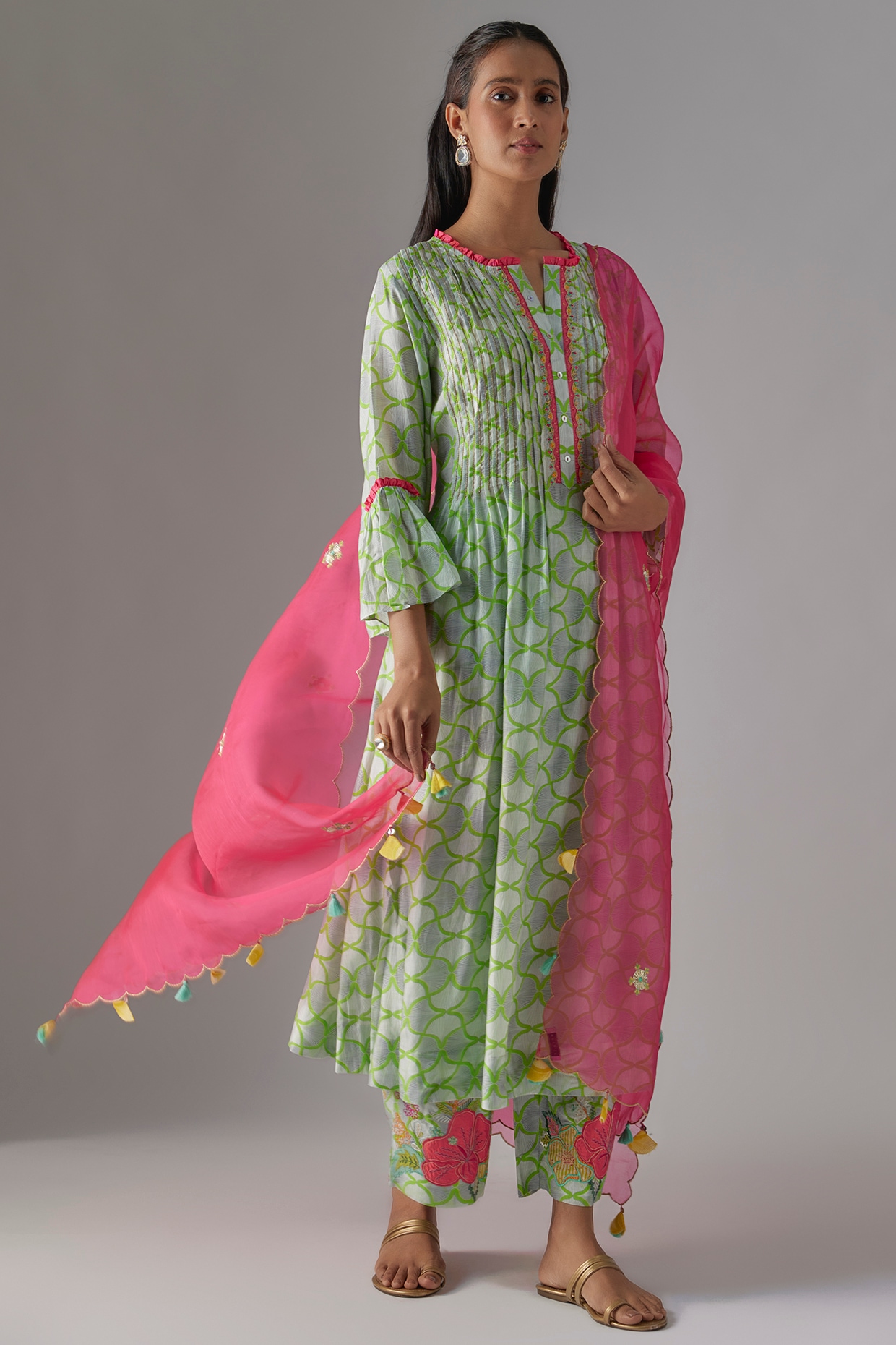 Green Cotton Silk & Organza Hand Work Kurta Set by Raji Ramniq at ...