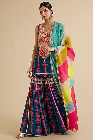 Blue Crepe Printed & Hand Embroidered Kurta Set by Raji ramniq at Pernia's Pop Up Shop 2025