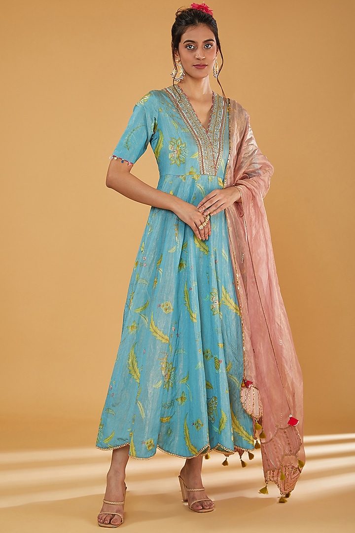 Moonlight Blue Tissue Silk Printed Anarkali Set Design by Raji Ramniq ...