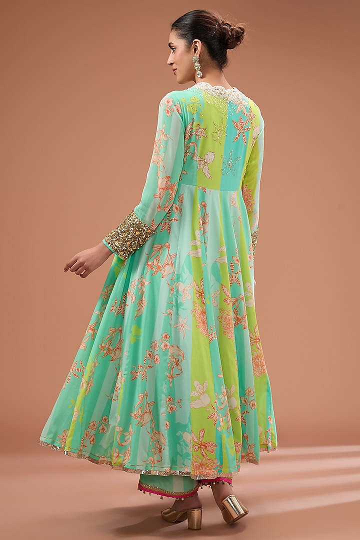 Firozi-Green Crepe Printed & Hand Embroidered Anarkali Set by Raji ...