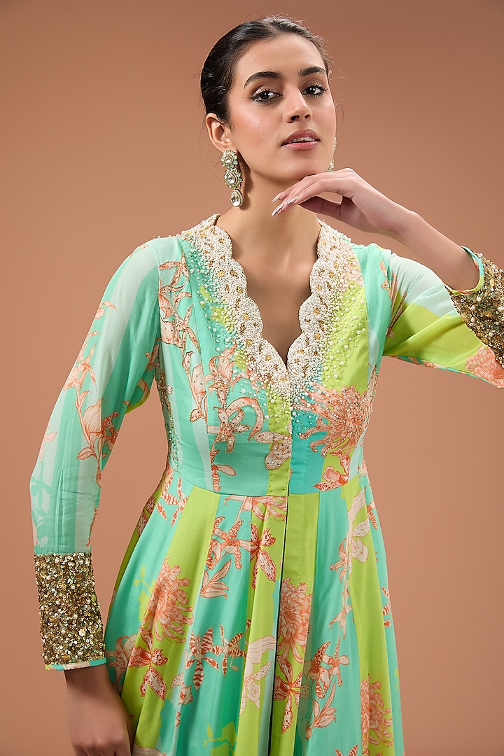 Firozi-Green Crepe Printed & Hand Embroidered Anarkali Set by Raji ...