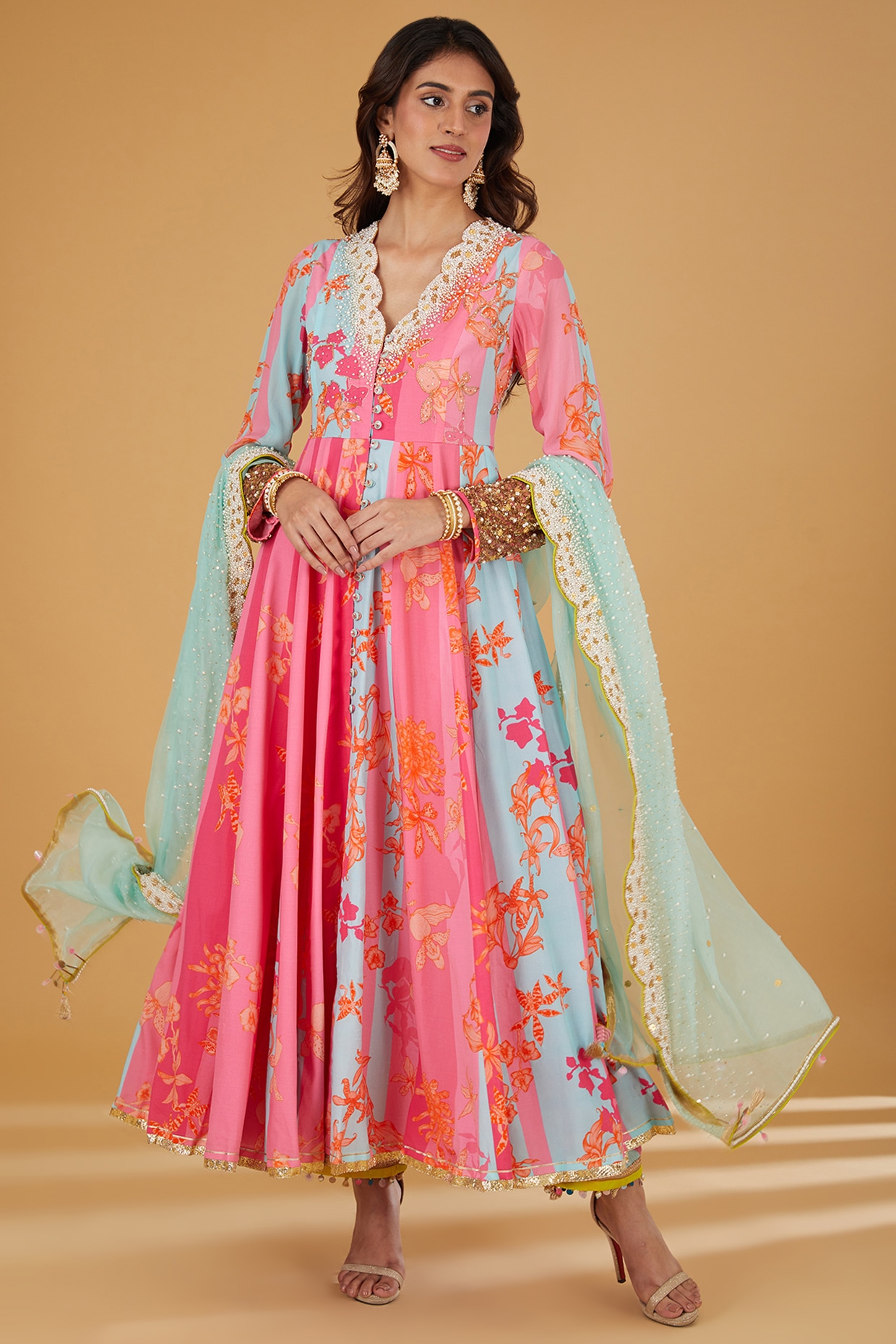 Hot Pink Crepe Hand Embroidered Anarkali Set by Raji ramniq at Pernia's Pop Up Shop 2025