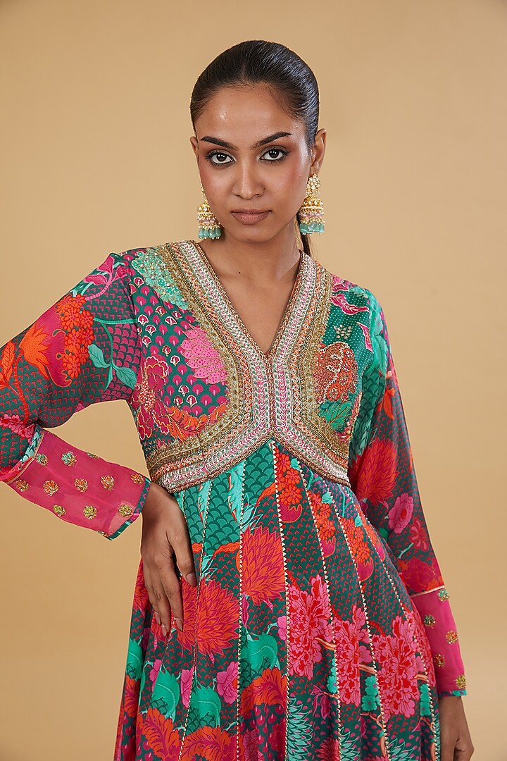 Teal Crepe Printed & Hand Embroidered Anarkali Set Design by Raji ...