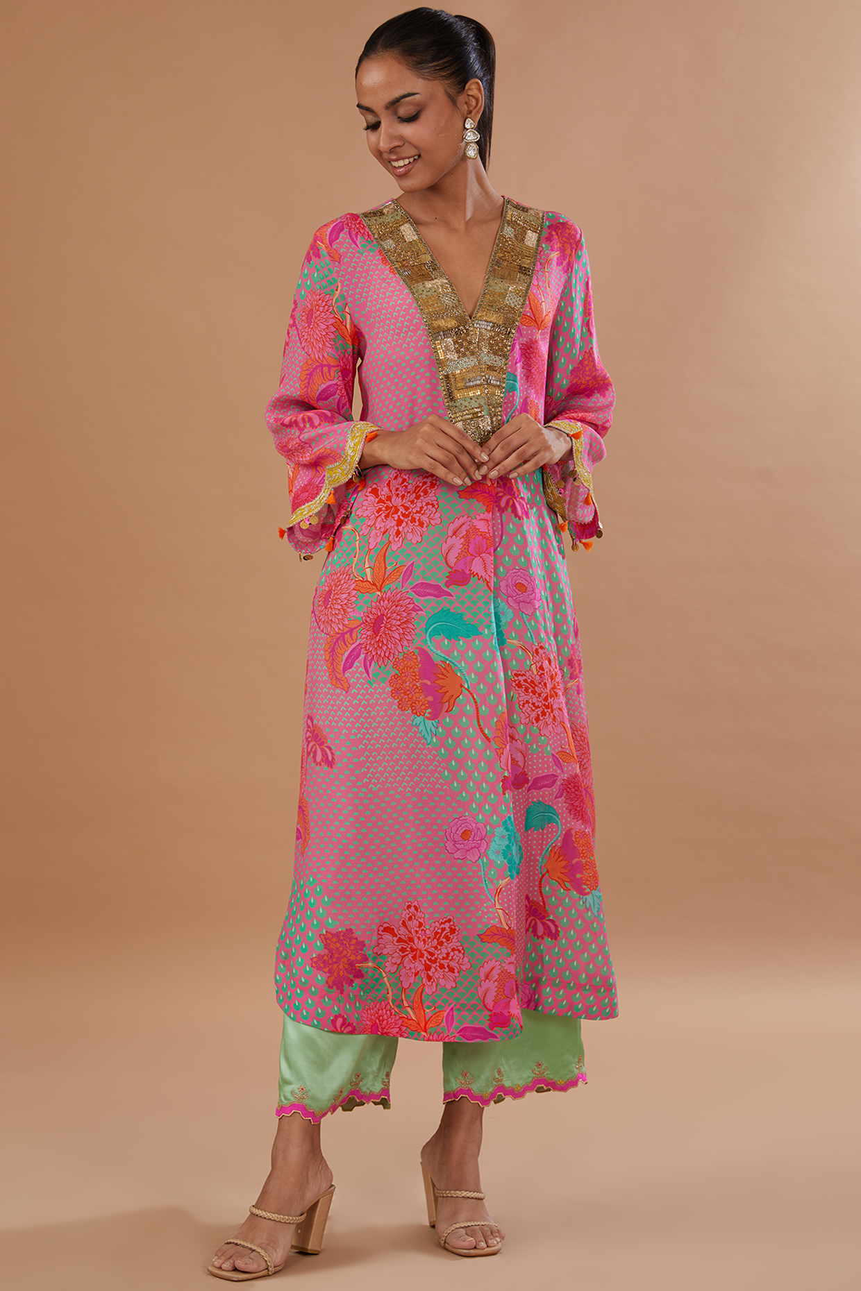 Bright Pink Crepe Printed & Embroidered Kurta Set by Raji ramniq at Pernia's Pop Up Shop 2025