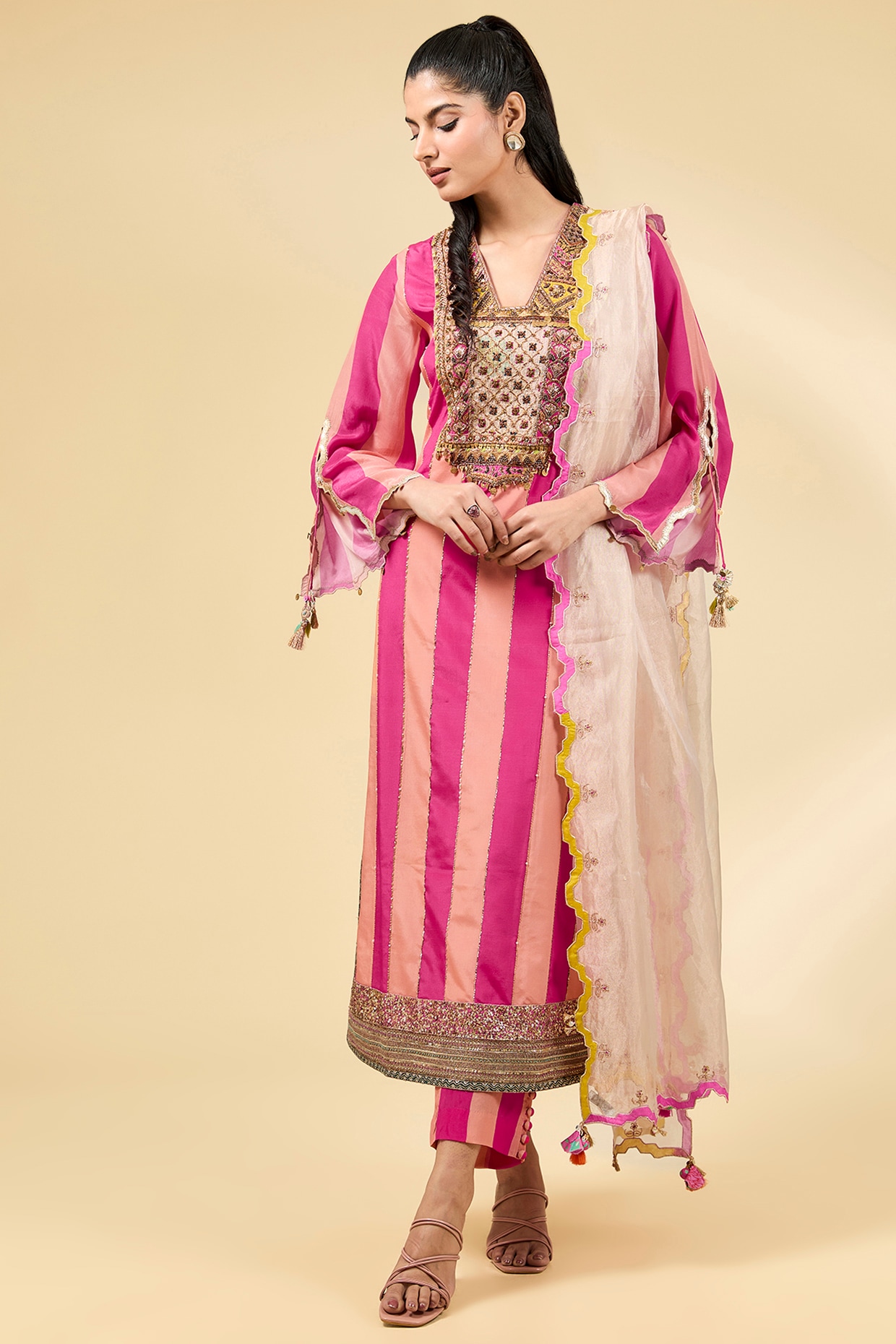 Pink & Nude Pink Crepe Striped Printed Kurta Set by Raji ramniq at Pernia's Pop Up Shop 2025