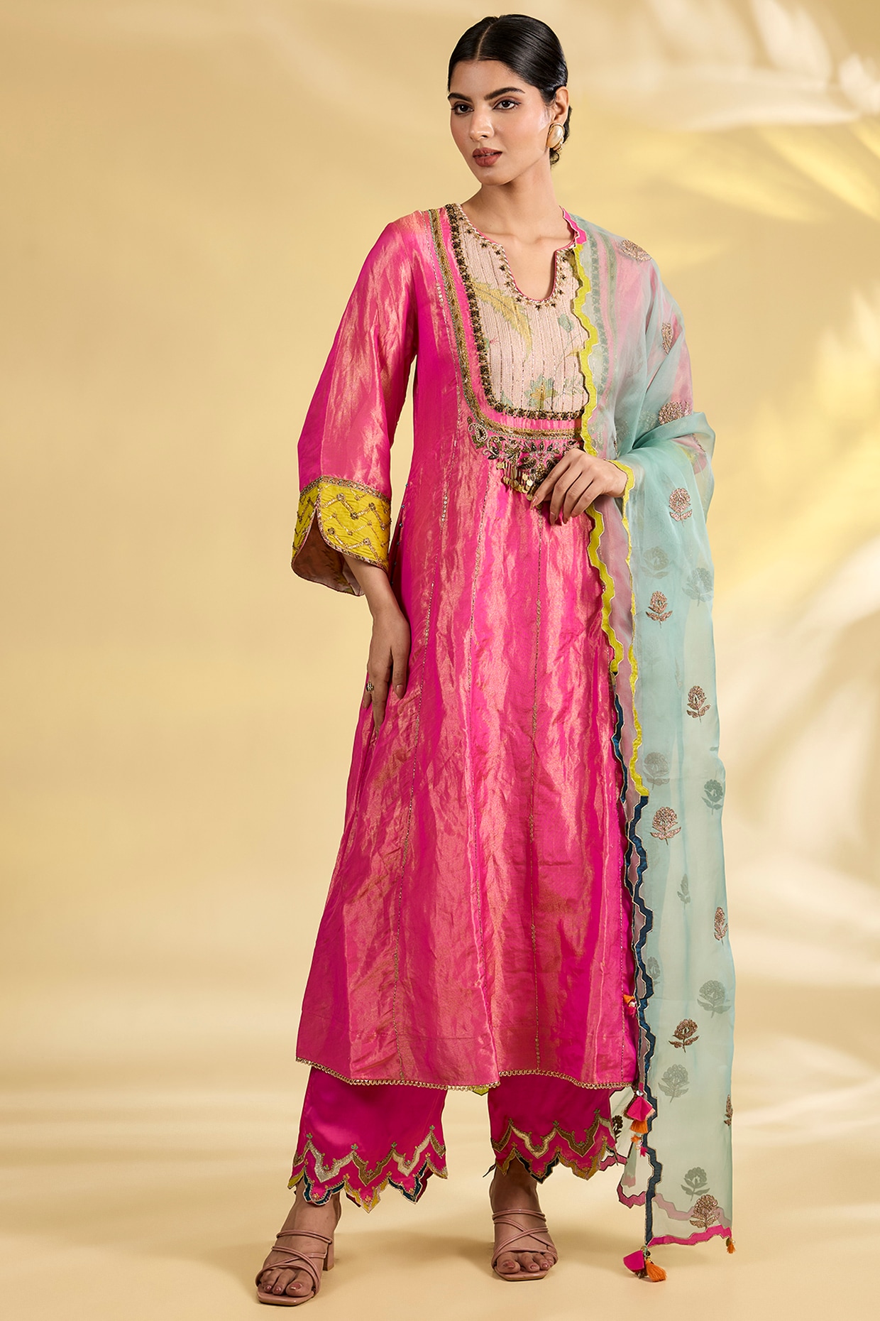 Hot Pink Tissue Silk Hand Embroidered Kurta Set by Raji Ramniq at Pernia's Pop Up Shop 2025