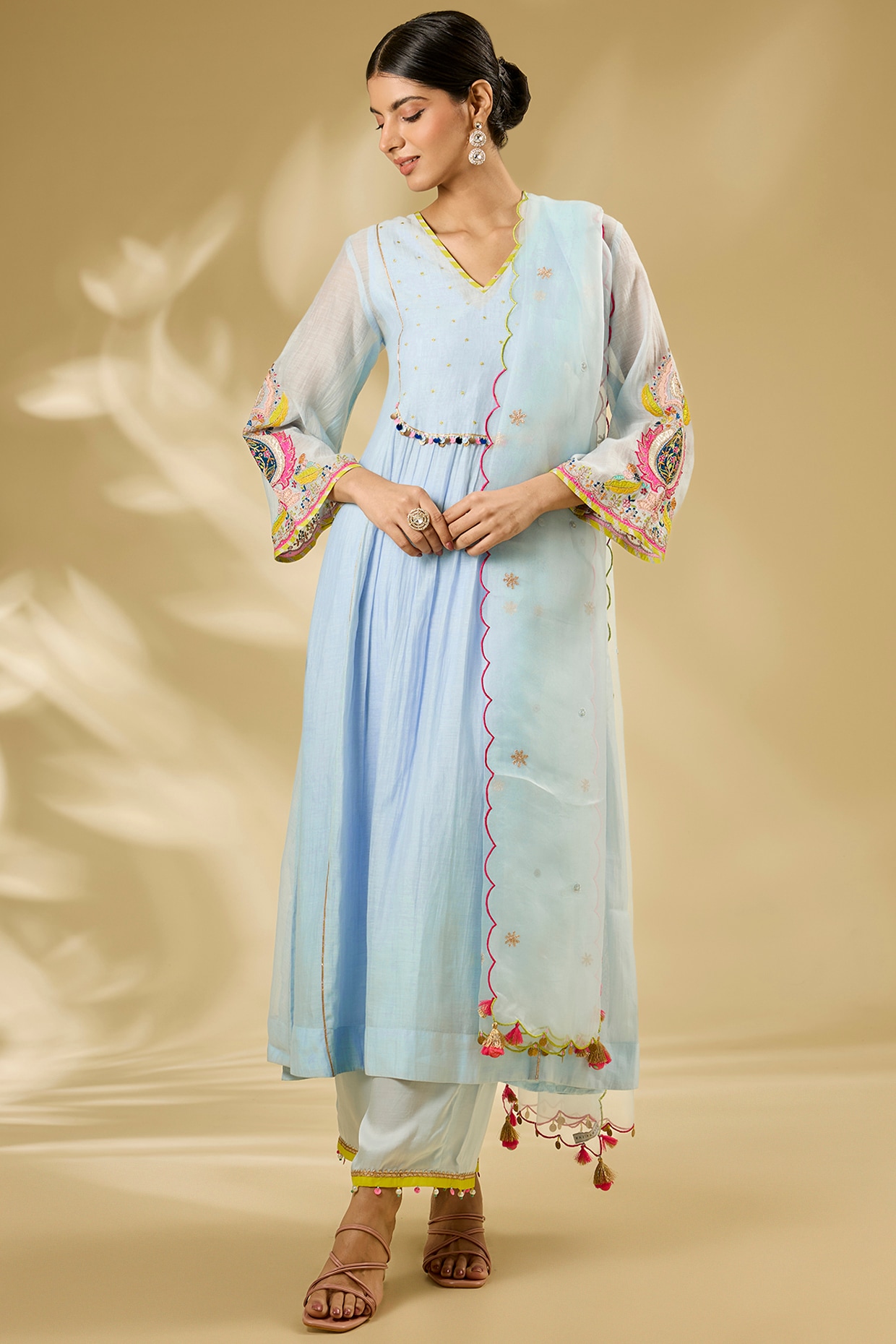Blue Chanderi Hand & Machine Embroidered Kurta Set by Raji ramniq at ...